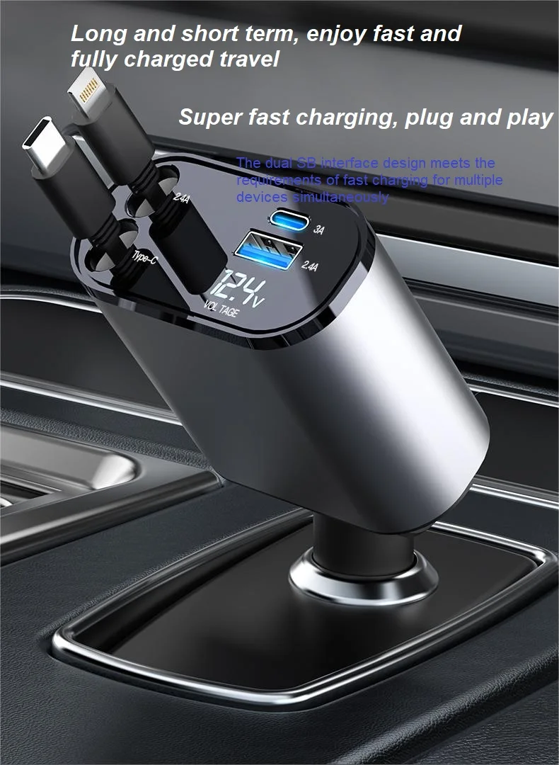 Super Fast 120w Car Charger 4 In 1 Retractable Usb Type C Cable Charging Cord Cigarette Lighter ...