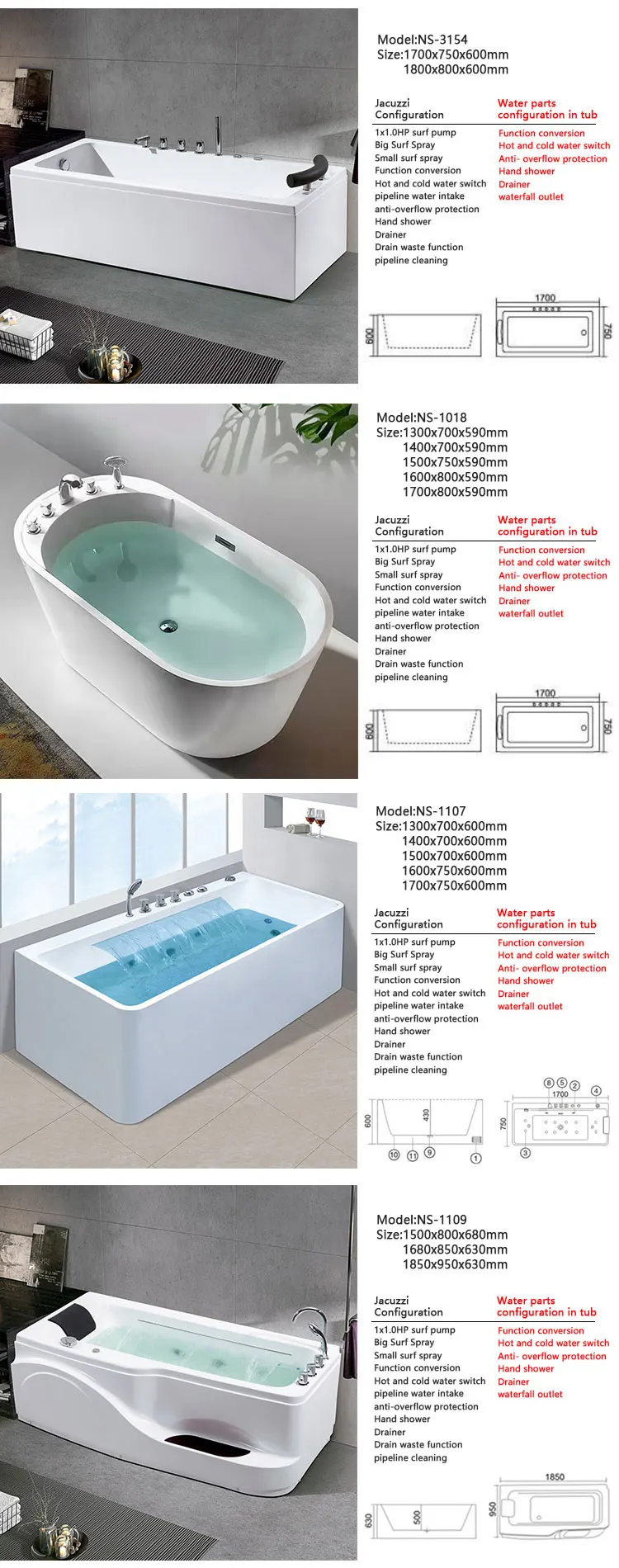 Modern Acrylic Jacuzzi Indoor Bathtub with Hydromassage