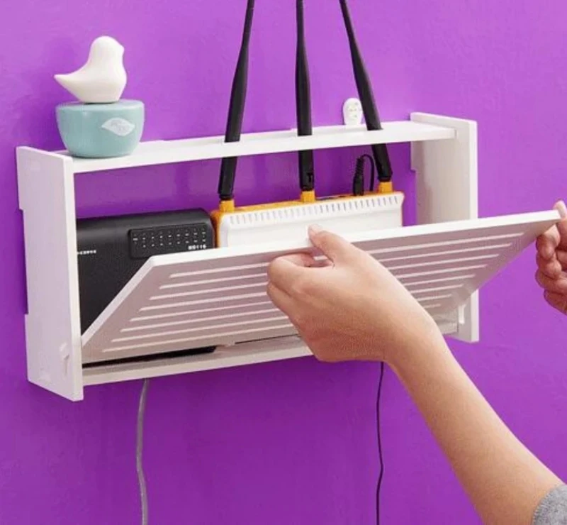 Modern White Wall Mounted Hanging Organizer Wooden Wifi Router Storage ...