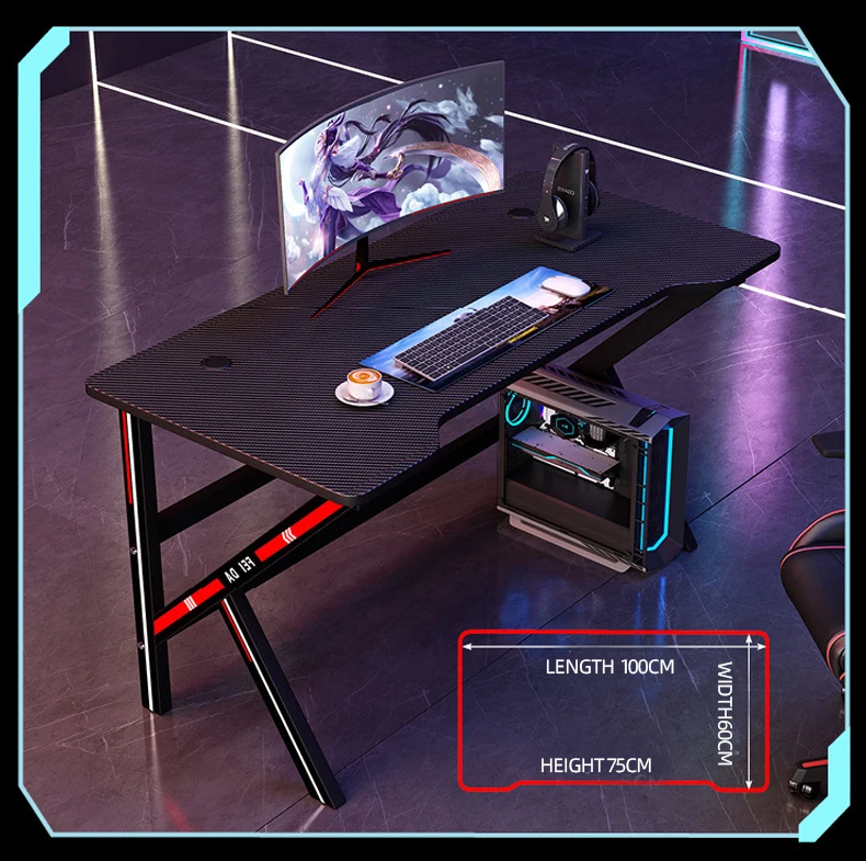Home Black Office Computer Desk K Shaped Legs Gamer Table Led Light ...