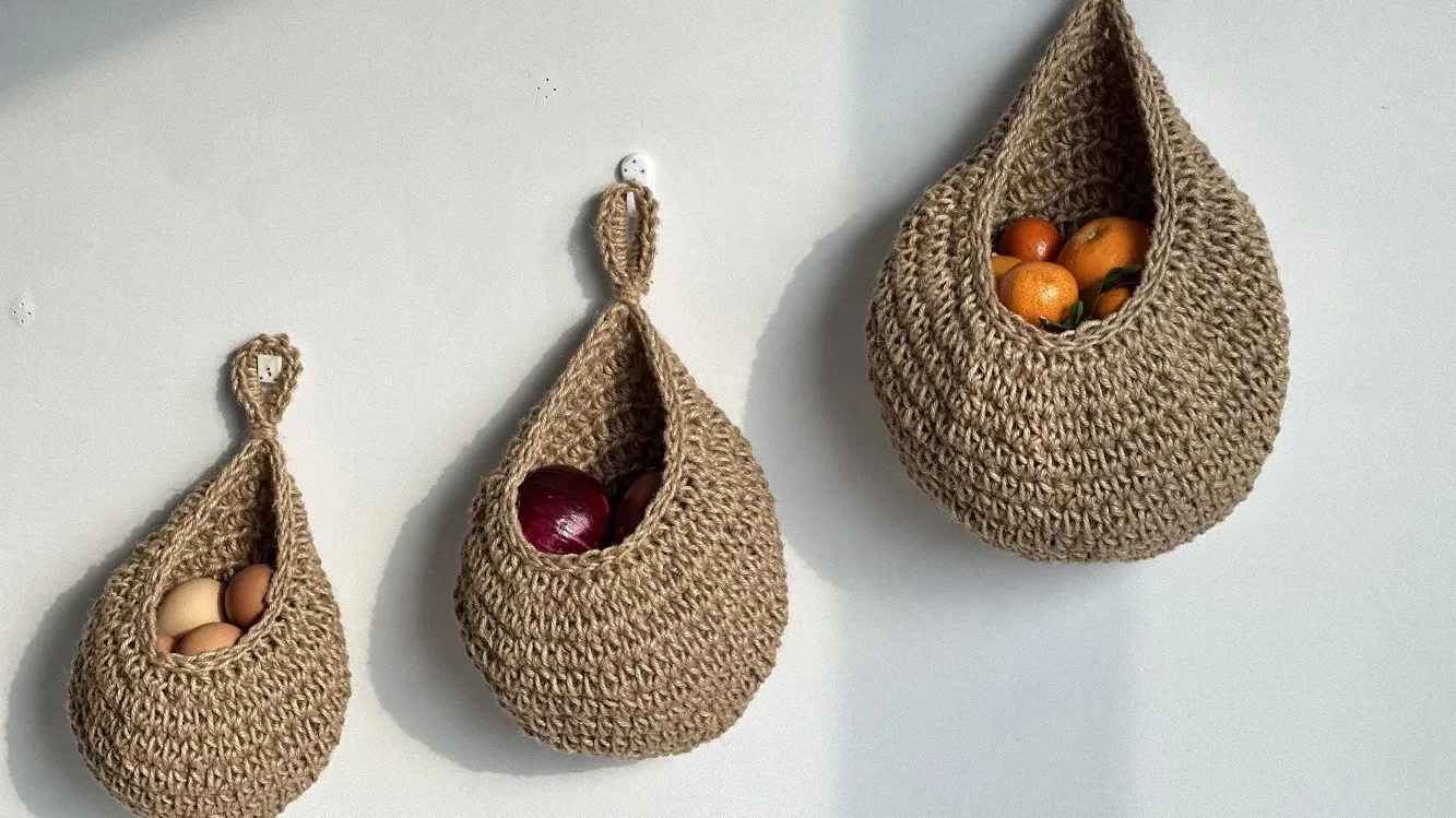 Handwoven Crochet Jute Rope Teardrop Hanging Fruit Baskets Woven ...