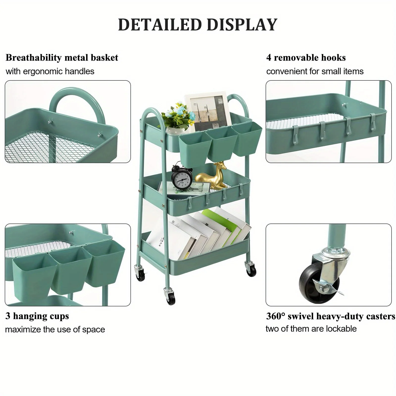 3-Tier Rolling Metal Storage Cart Lockable Wheels Standing Type Hanging ...