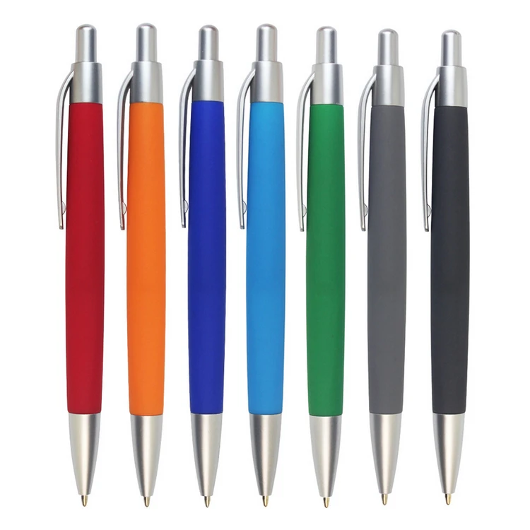 Plastic Writing Ball Pen Multiple Solid Colors Smooth Soft Rubber Coated Click Push Retractable ...