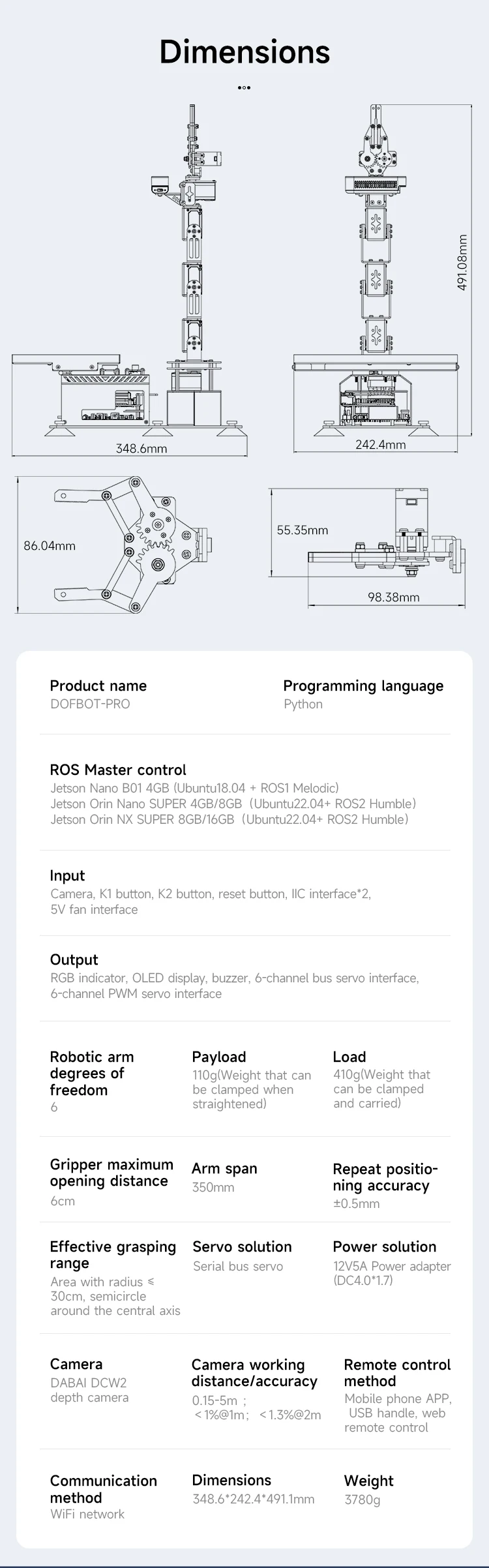 DOFBOT Pro 3D Depth Camera Vision Robotic Arm for Jetson NANO