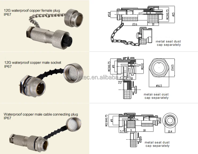 Ip67 Gx12 12g Waterproof Connector 4 Pin For Miniature Sensors Male ...