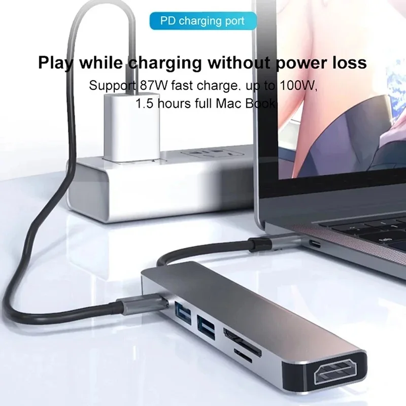 100W PD 1 Type C USB Port HUB Multiport 6 in 1 USB C HUB With 4K HD SD ...