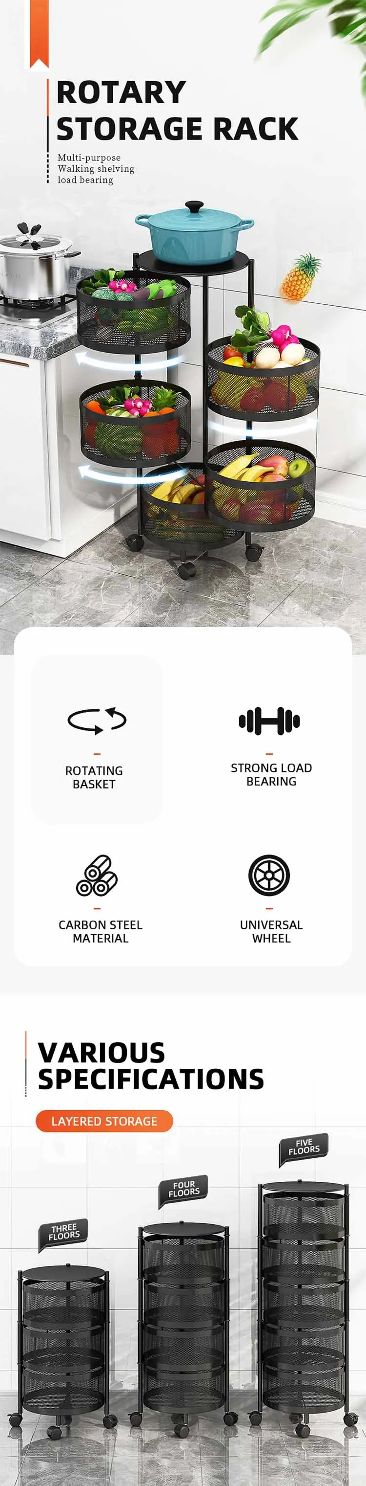 Multi Functional Durable Kitchen Rotary Storage Rack 5 Layer Kitchen ...