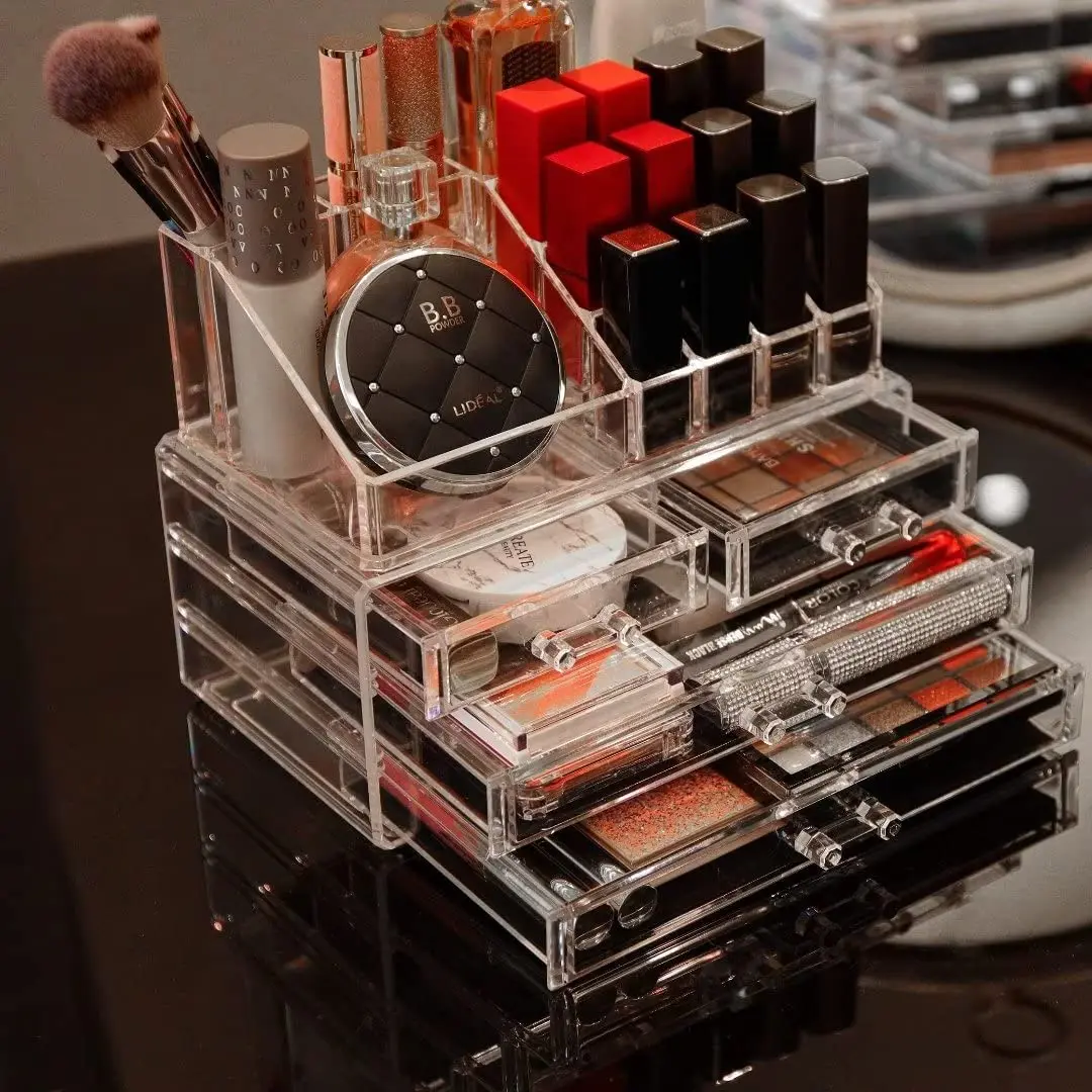 Acrylic Stackable Makeup Organizer Drawers With Compartments And Velvet ...