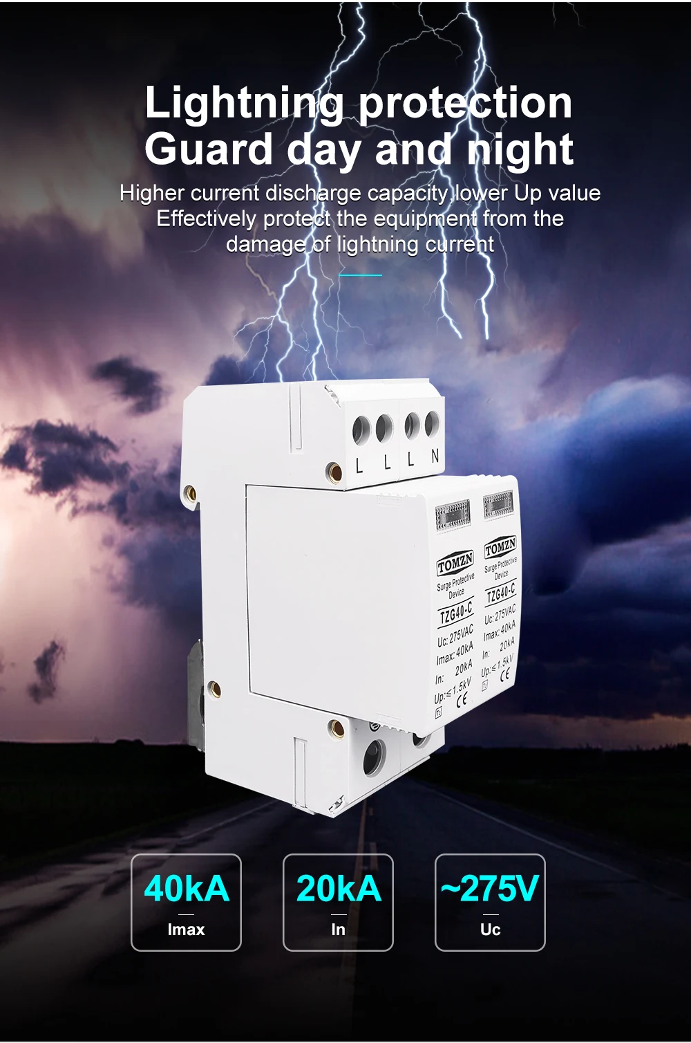 TOMZN AC SPD 4P 3P+N 36mm 20KA-40KA 275V Surge Protector