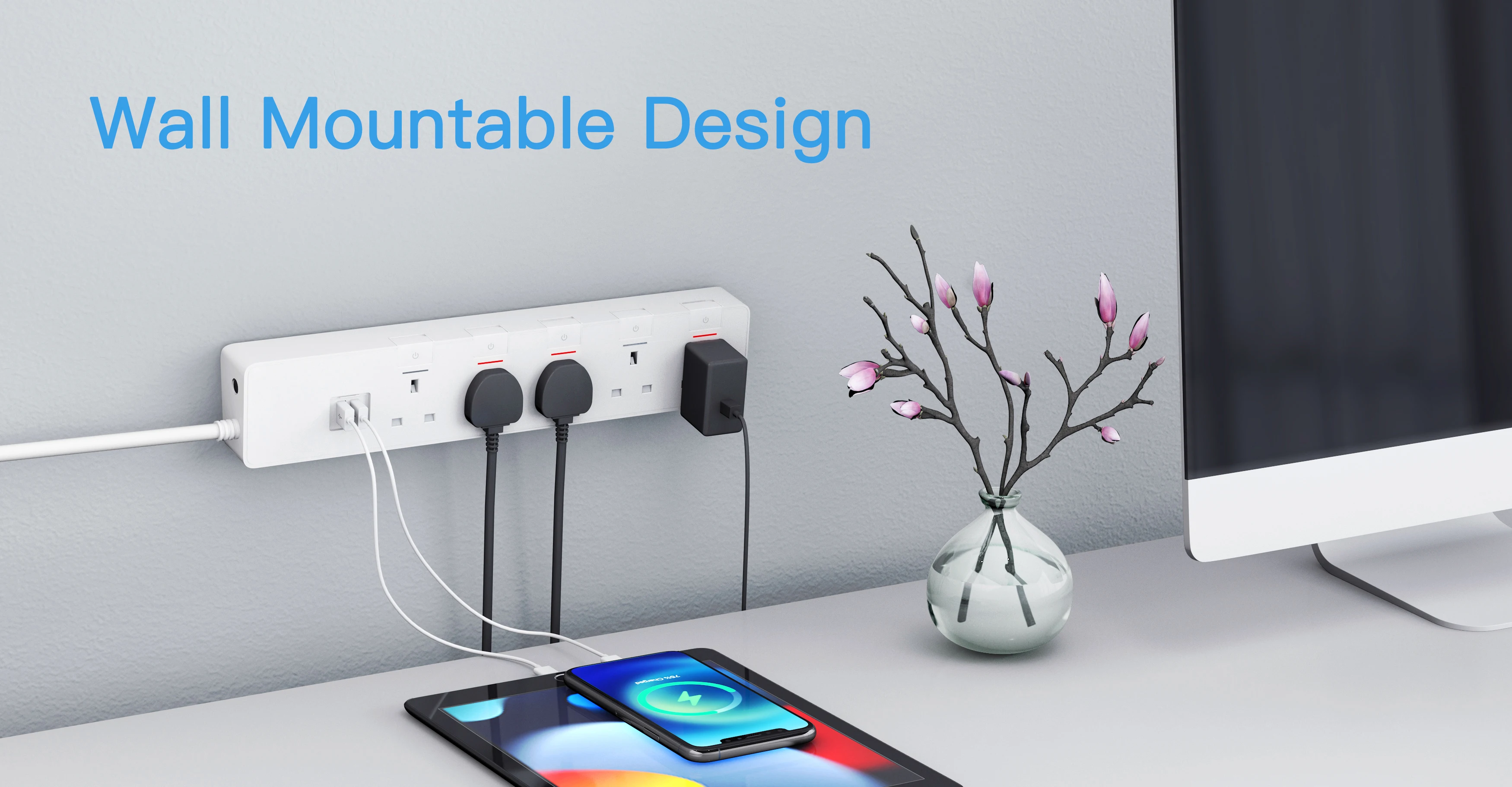 Multi Plug Uk Wall Mounted Power Strip 3 4 5 Way Outlets 2 Usb Ports ...