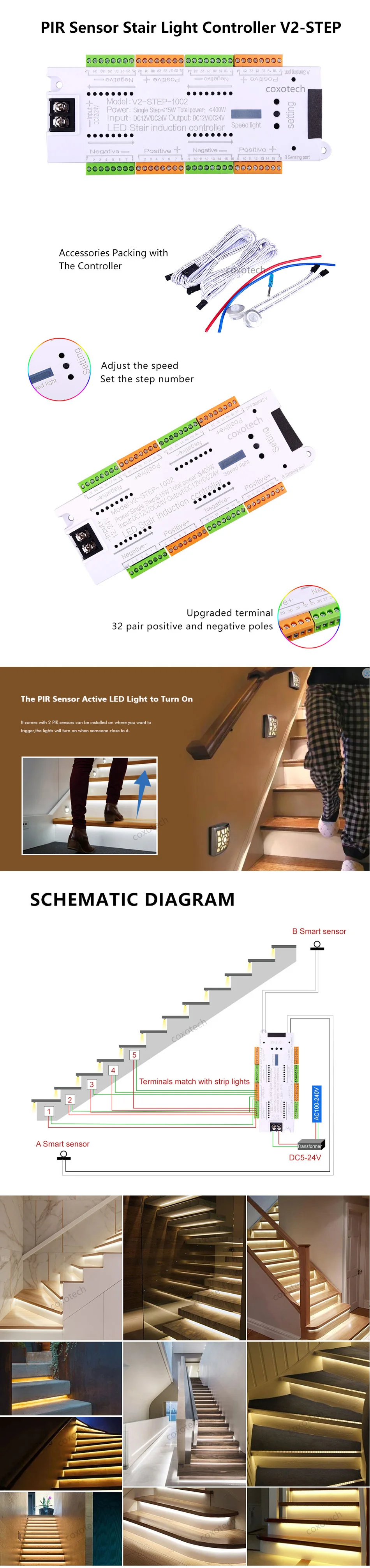 PIR 32 Step Stair Light Controller Motion Senso V2-STEP 12v 24v Max 400w Stair Light Controller ...