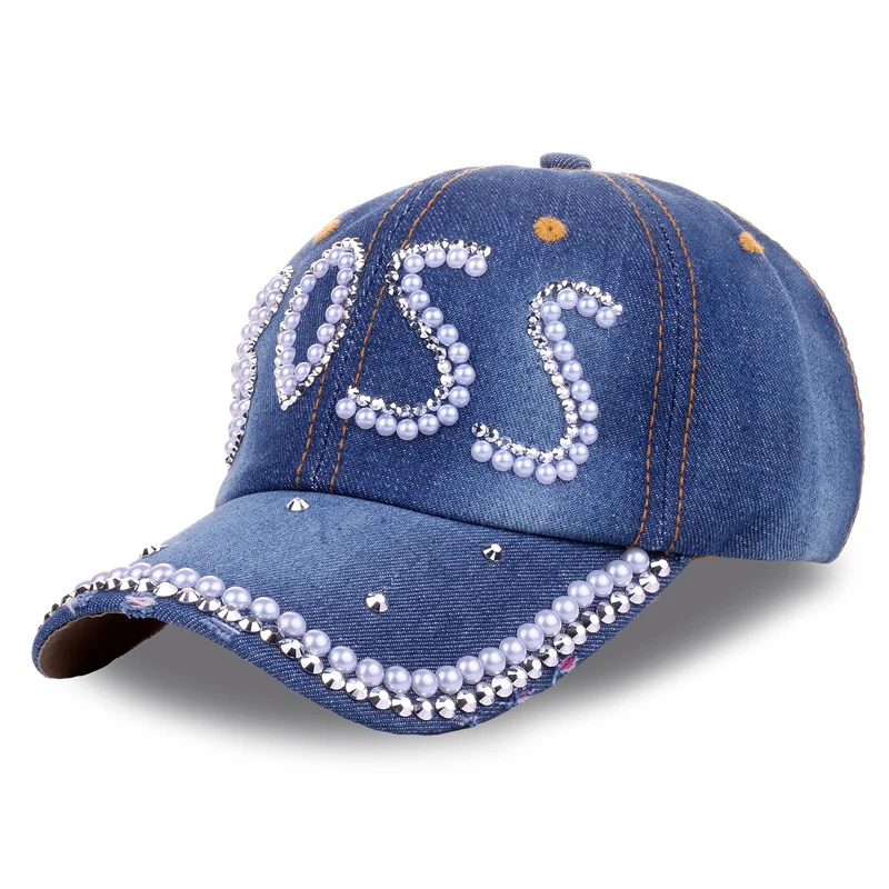 Custom Logo Bling Rhinestone Denim Women Distressed Baseball Cap ...