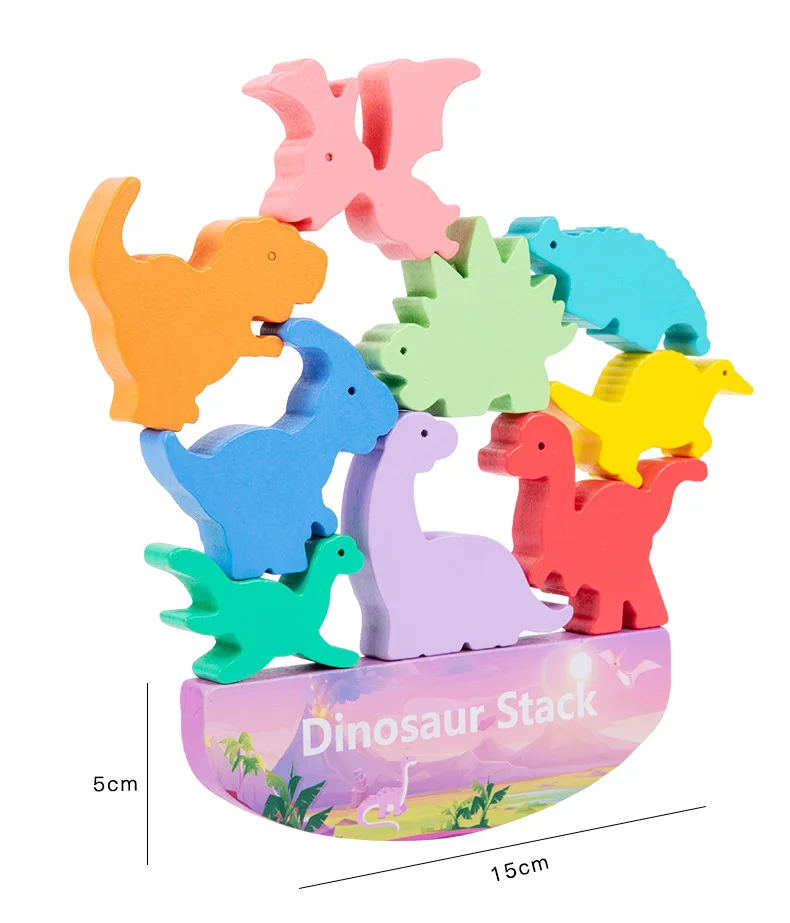 Wooden Dinosaur Stacking Blocks Kids Balance Block Game Preschool Early Educational Toy Children ...