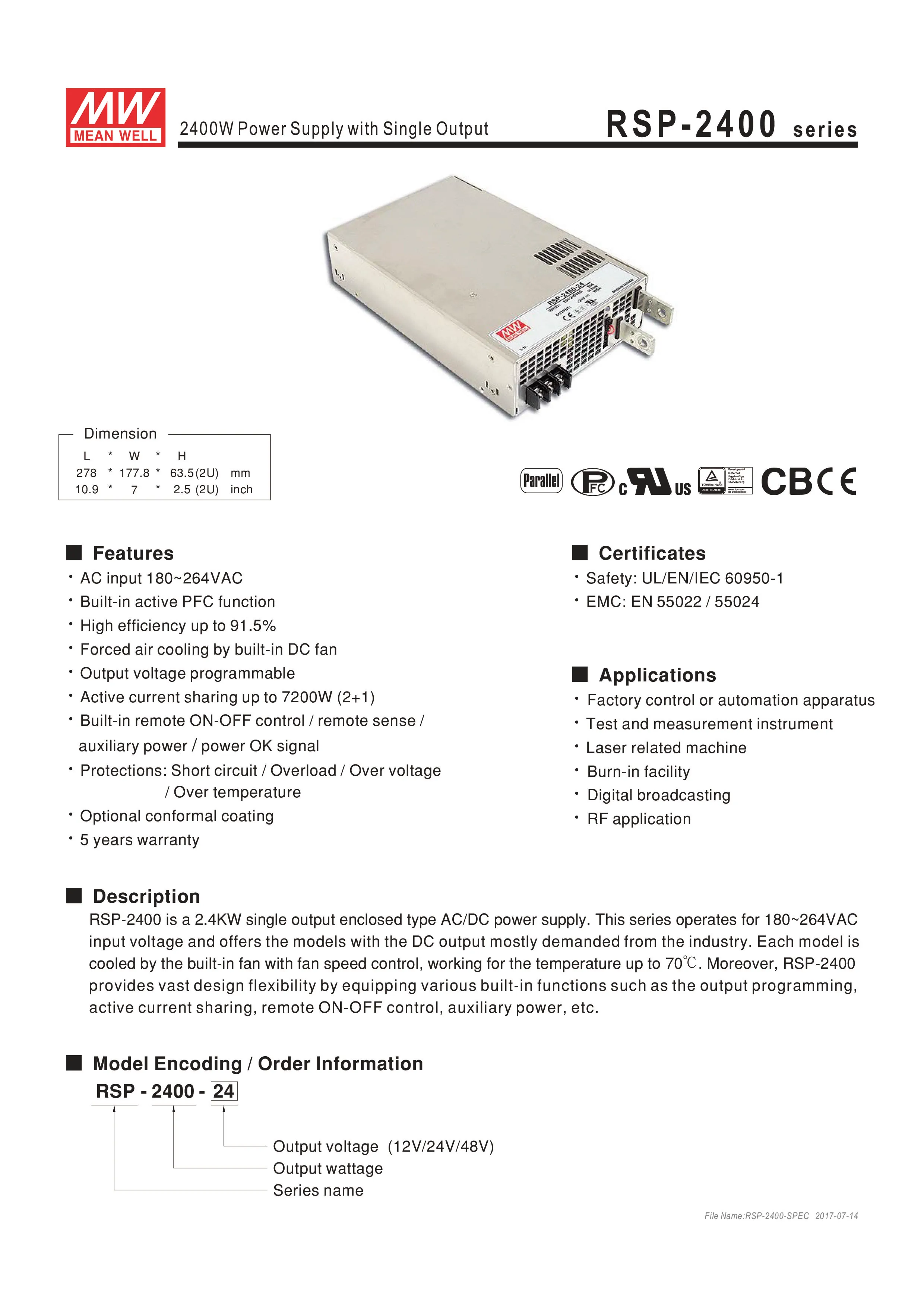 Mean Well RSP-2400-24 Single Output Power Supply 1-100A AC to DC 24V ...