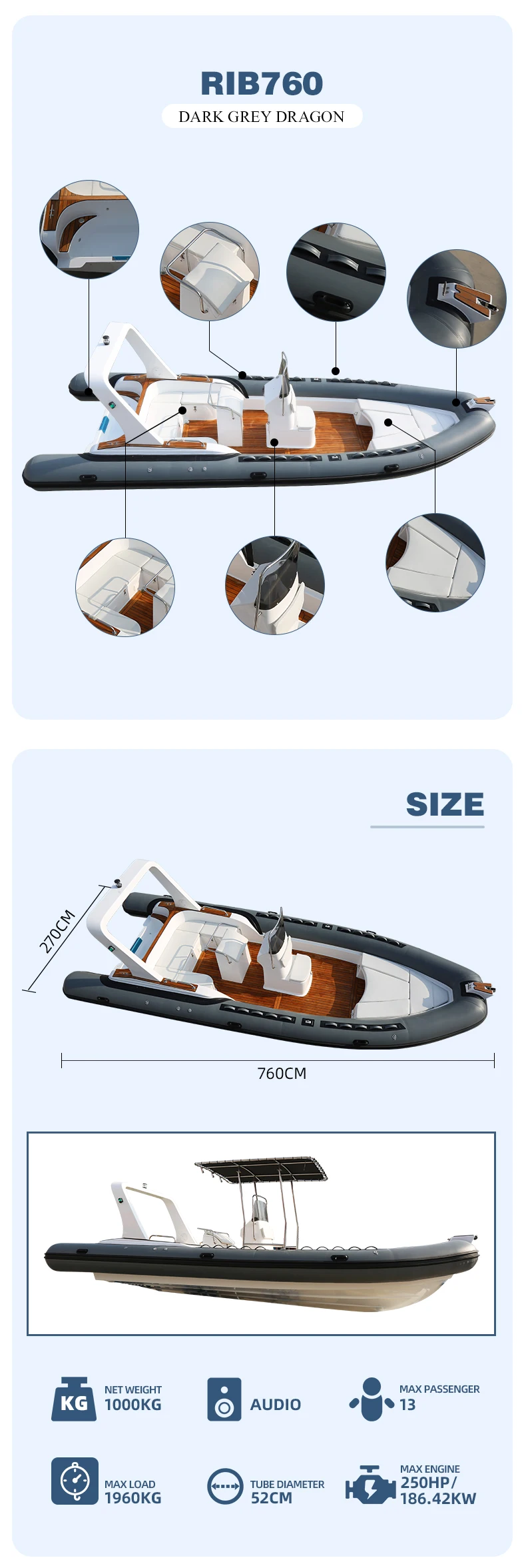 7.6m Luxury Rigid Pontoon Rib Boat For Sale Fiberglass Inflatable With ...