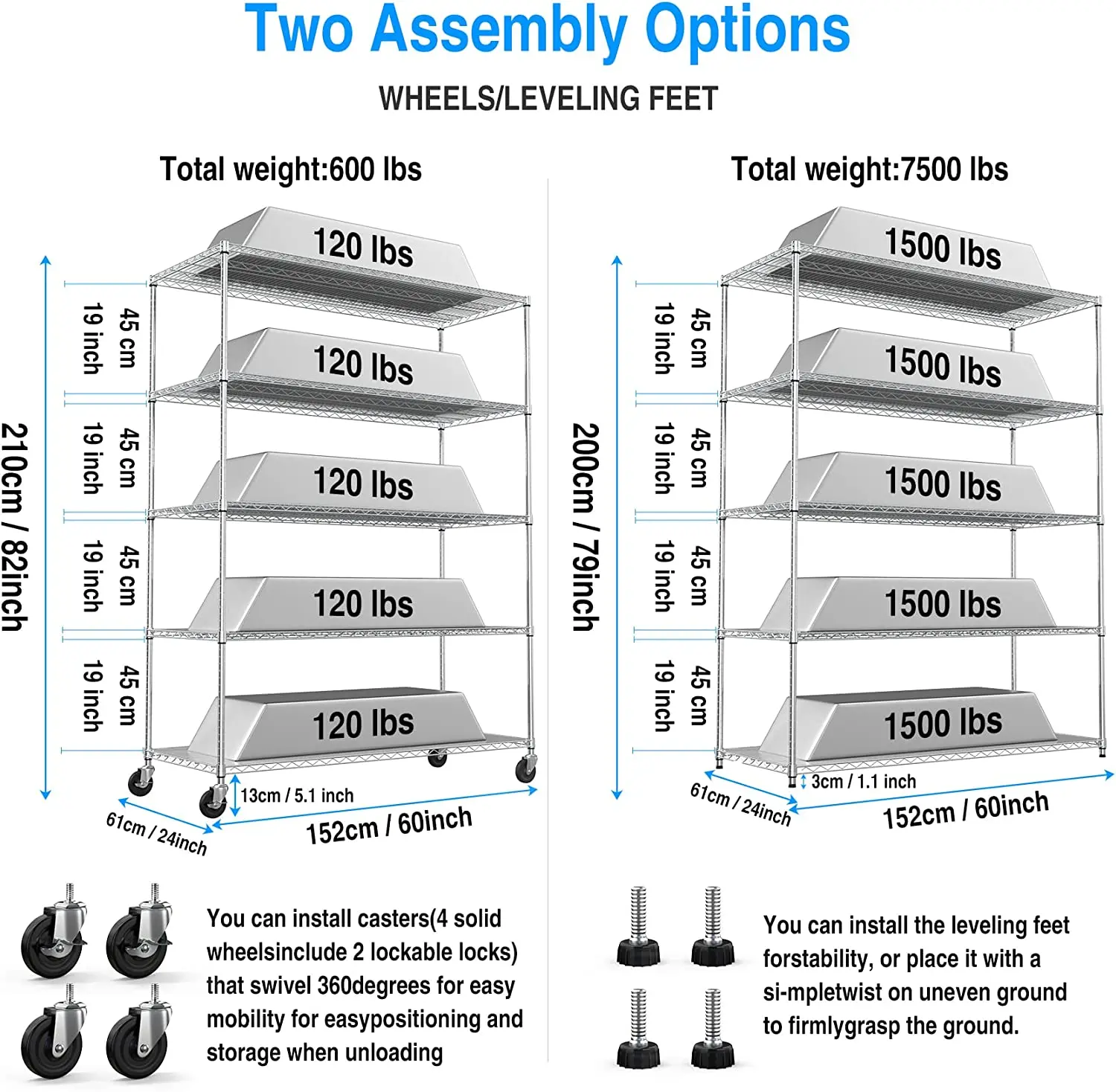 Heavy Duty Adjustable Storage Rack With Wheels & Shelf Liners Chrome 5 ...