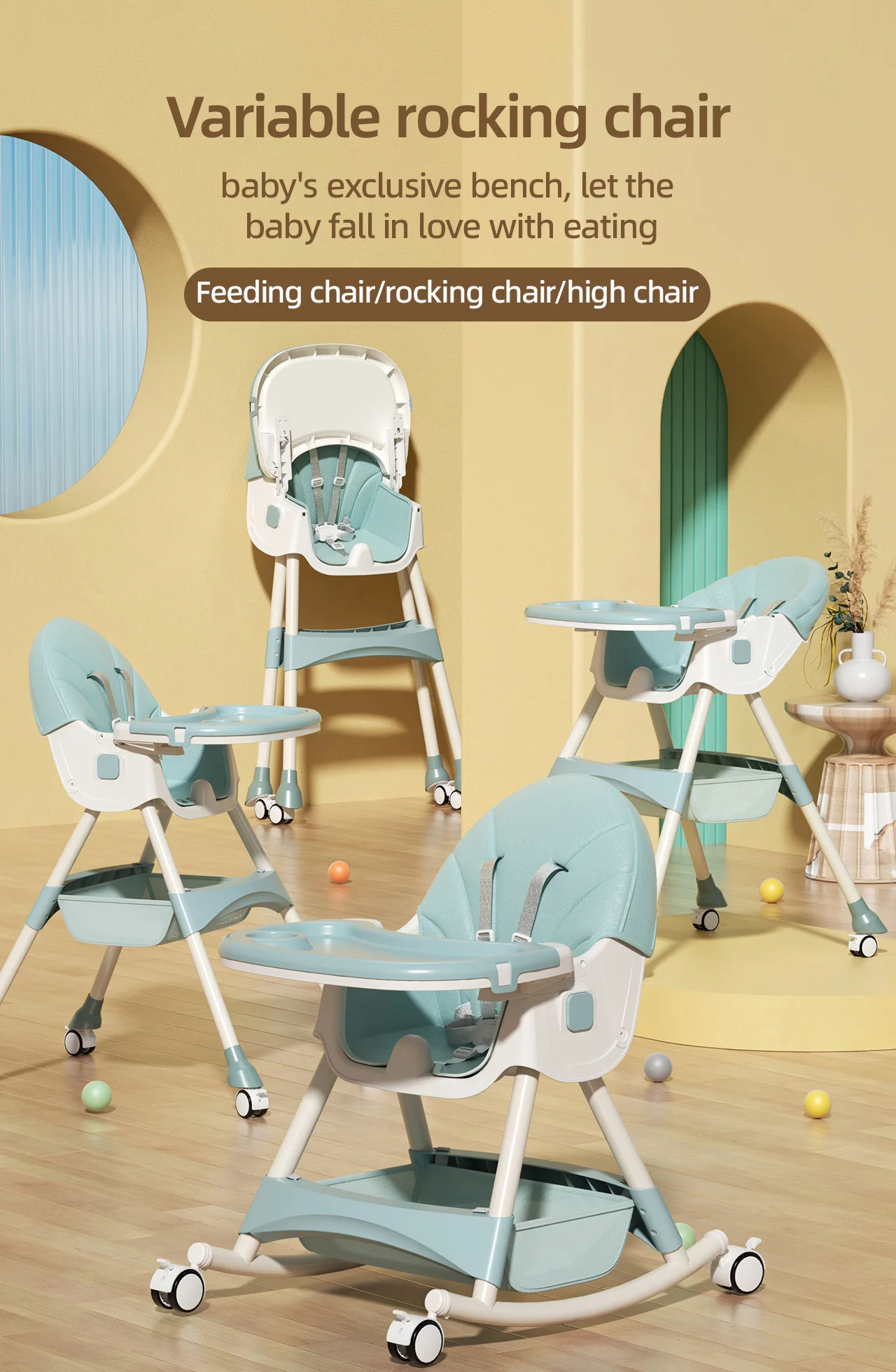Baby Feeding Chair with Wheels - 3 in 1 Foldable Design