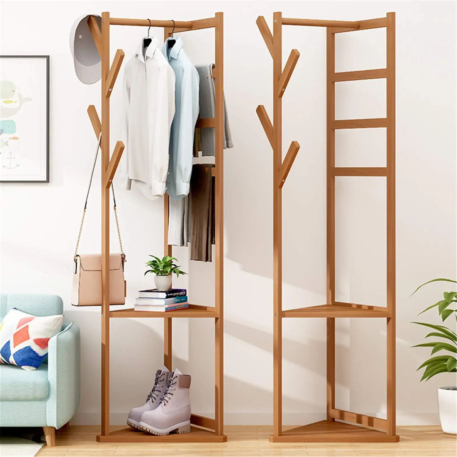 Multifunctional Bamboo Clothe Hanger Bracket Corn Hall Tree Vertical ...