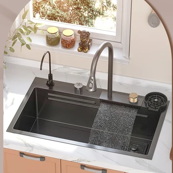 Tik Tok Hot Sell Waterfall Kitchen Sink 304 Stainless Steel Topmount ...
