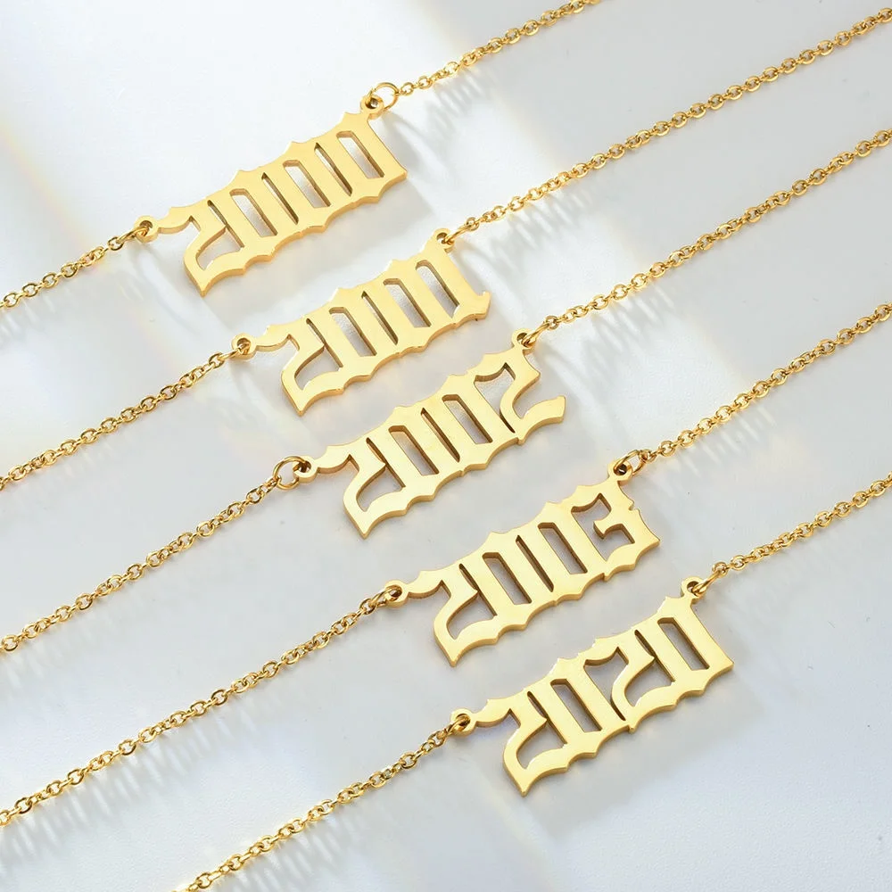 Dainty Year Of Birth Number Pendant 18k Gold Plated Filled 316L Stainless Steel Jewelry Old English Birth Year Necklace