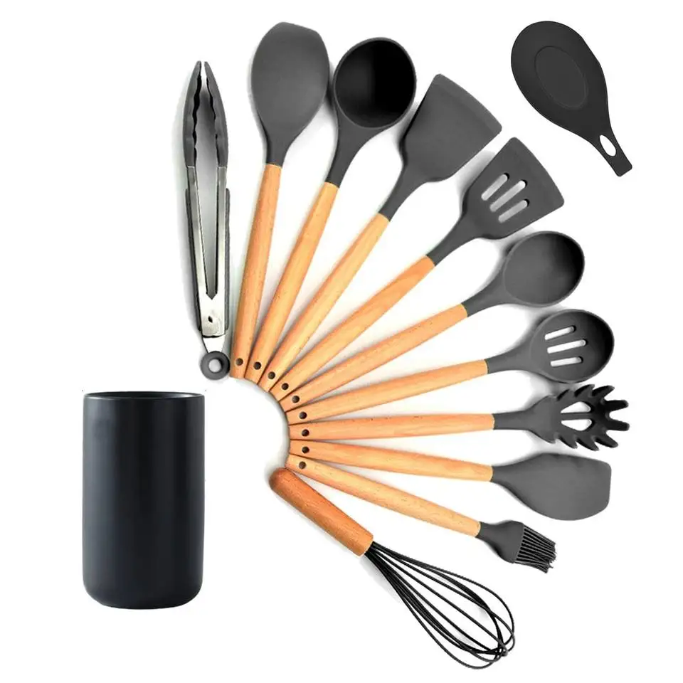Customized 12 Pieces Silicone Kitchen Spatula Spoon Ceramic Holder Wood ...