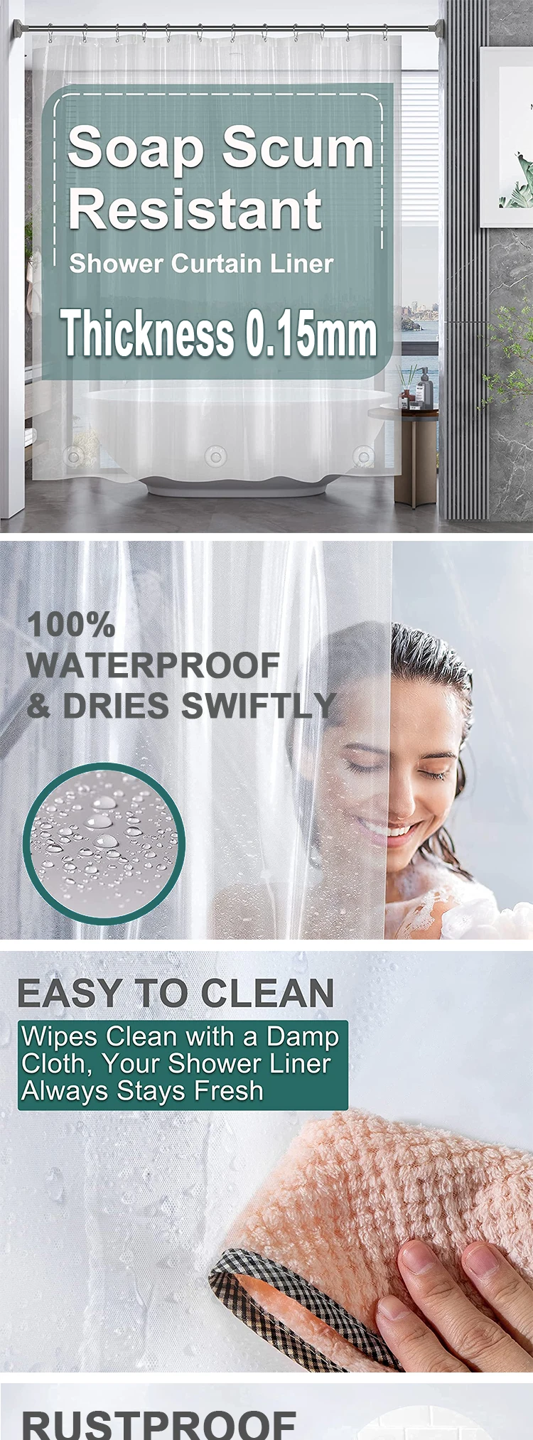 Luxury Waterproof Peva Plastic Shower Curtain Liner