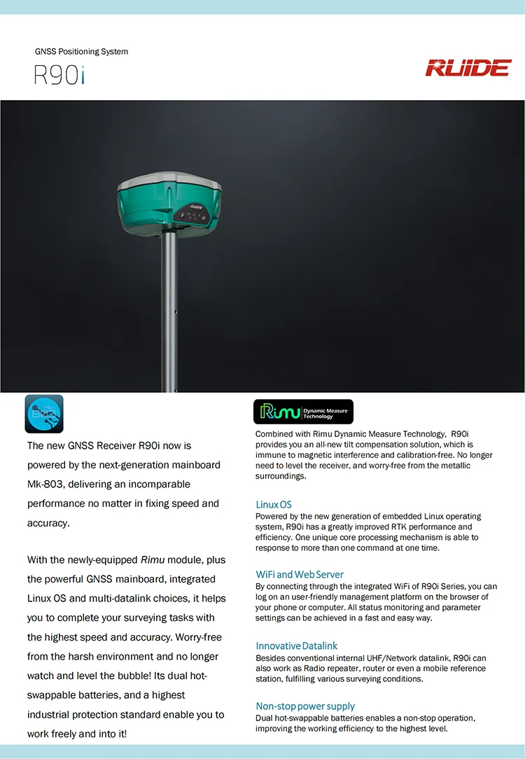 Ruide GPS GNSS Receiver - 1598 Channels R90I Survey Equipment