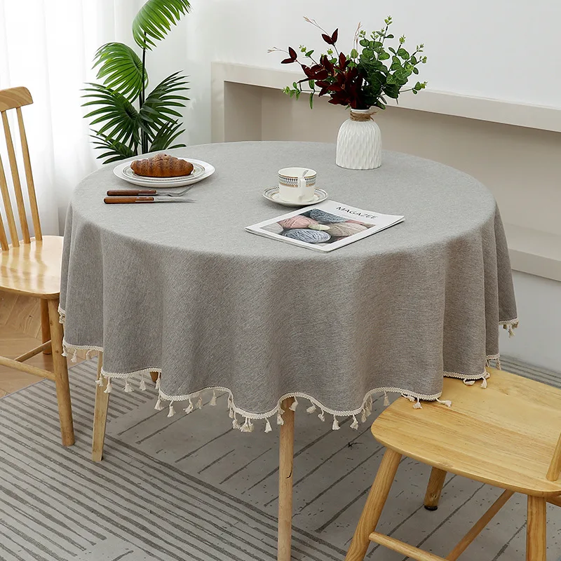 Round Tablecloth Cotton Linen Texture Tassel Table Cover For Kitchen ...