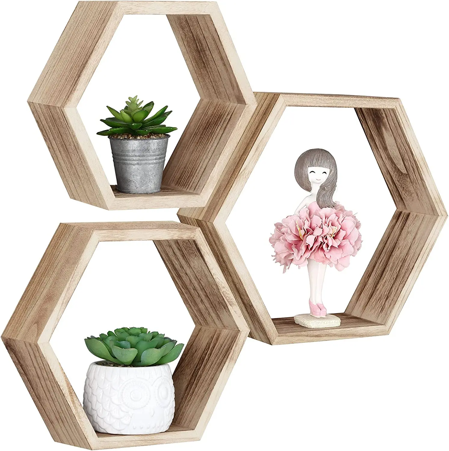 Set of 3 Farmhouse Wooden Hexagon Floating Shelves Wall Mounted Wood ...