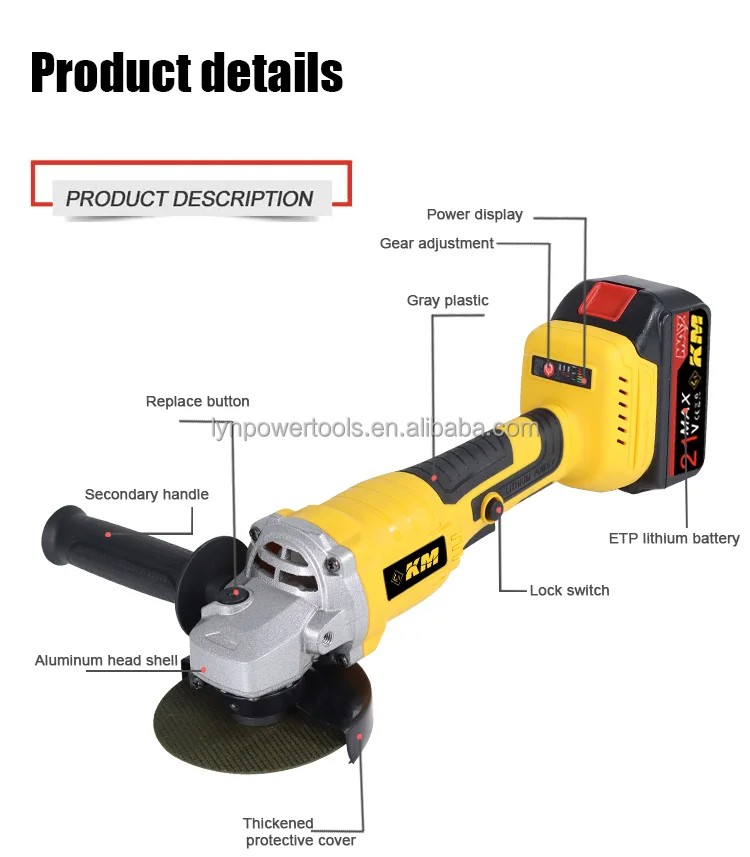Km Portable Yellow Cordless Angle Grinder 4.1/2inch 100mm Hand Grinder ...