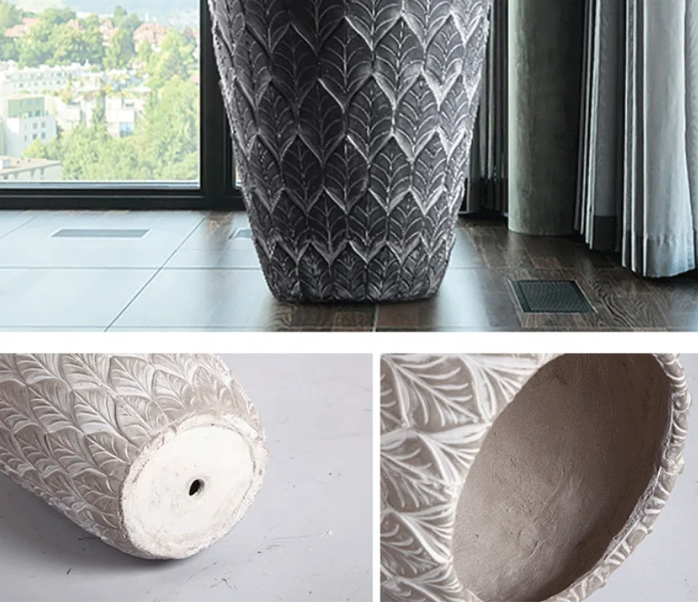 Round Big Modern Fiberglass Planter - Embossed Leaf Shape