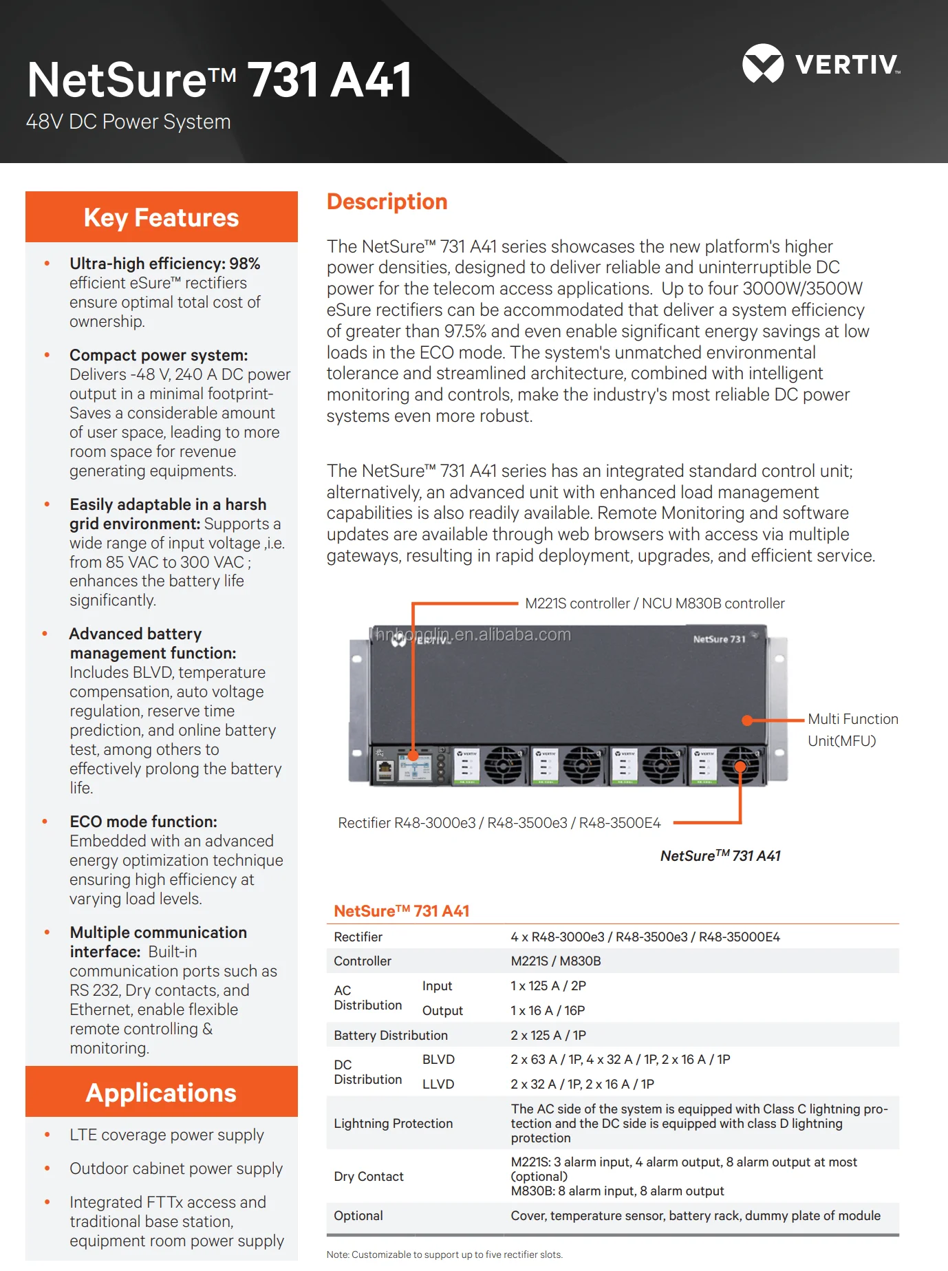 Emerson Vertiy Netsure 731 a41 S2 200A DC telecom power system with R48 ...