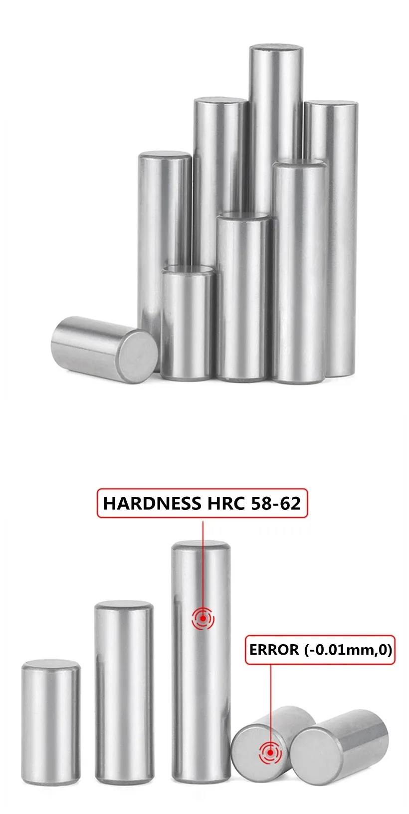 HRC62 Bearing Steel Solid Cylindrical Dowel Pins M1 M1, 5 M2 M2, 5 M3 ...