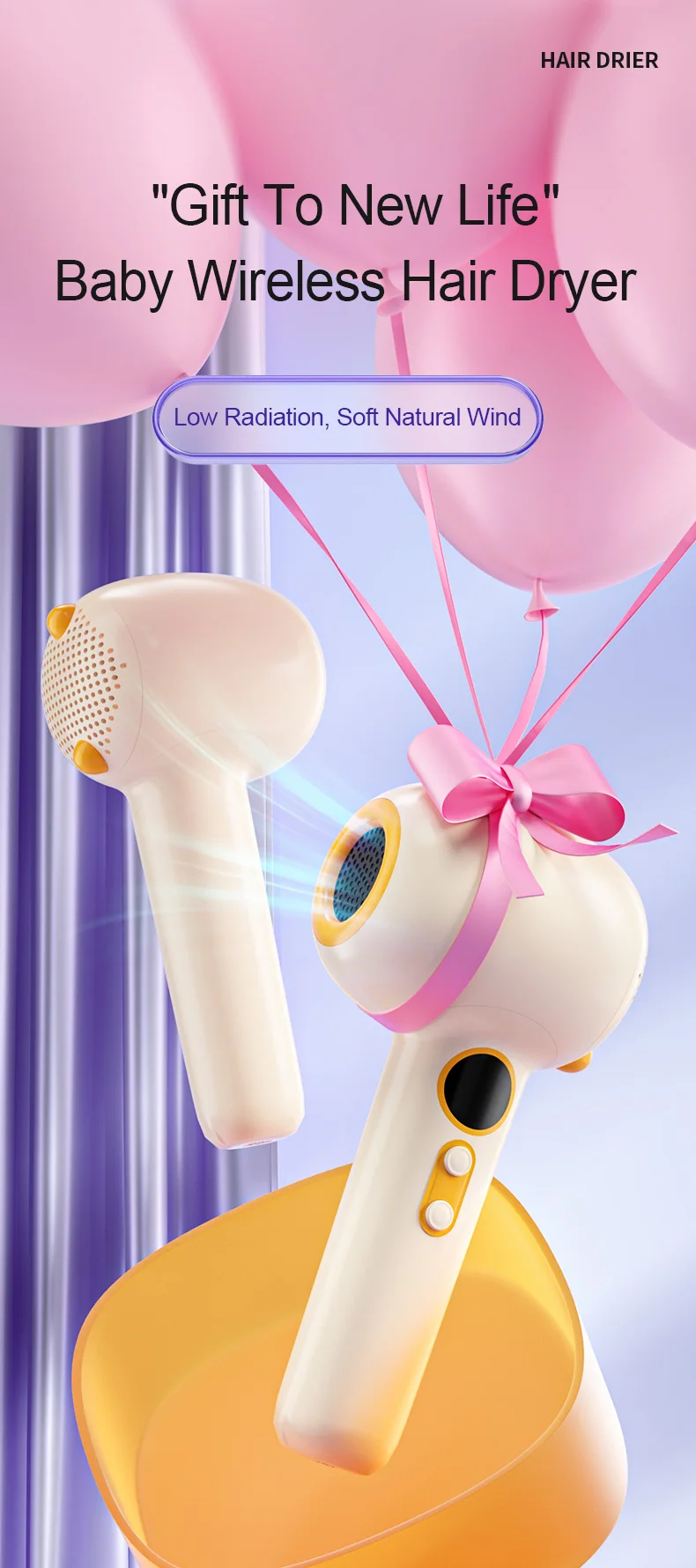 Cordless Baby Hair Dryer for Infant, Low Heat Gentle Air Rechargeable ...
