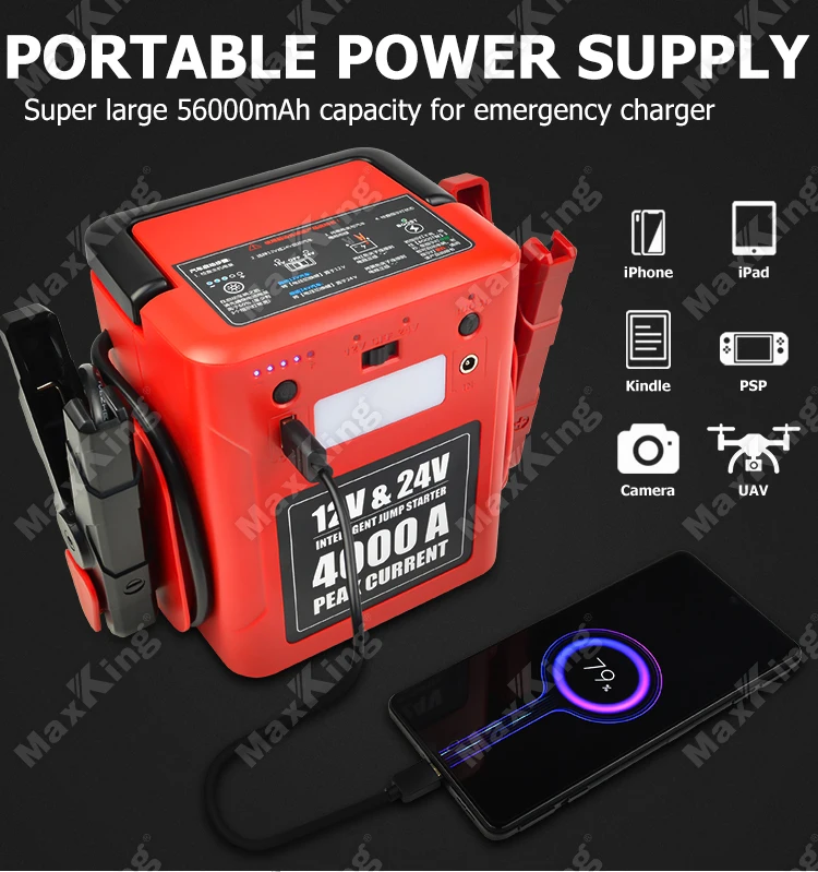 4000A Peak Current 12V and 24V Booster Jump Starter for Cars Emergency ...