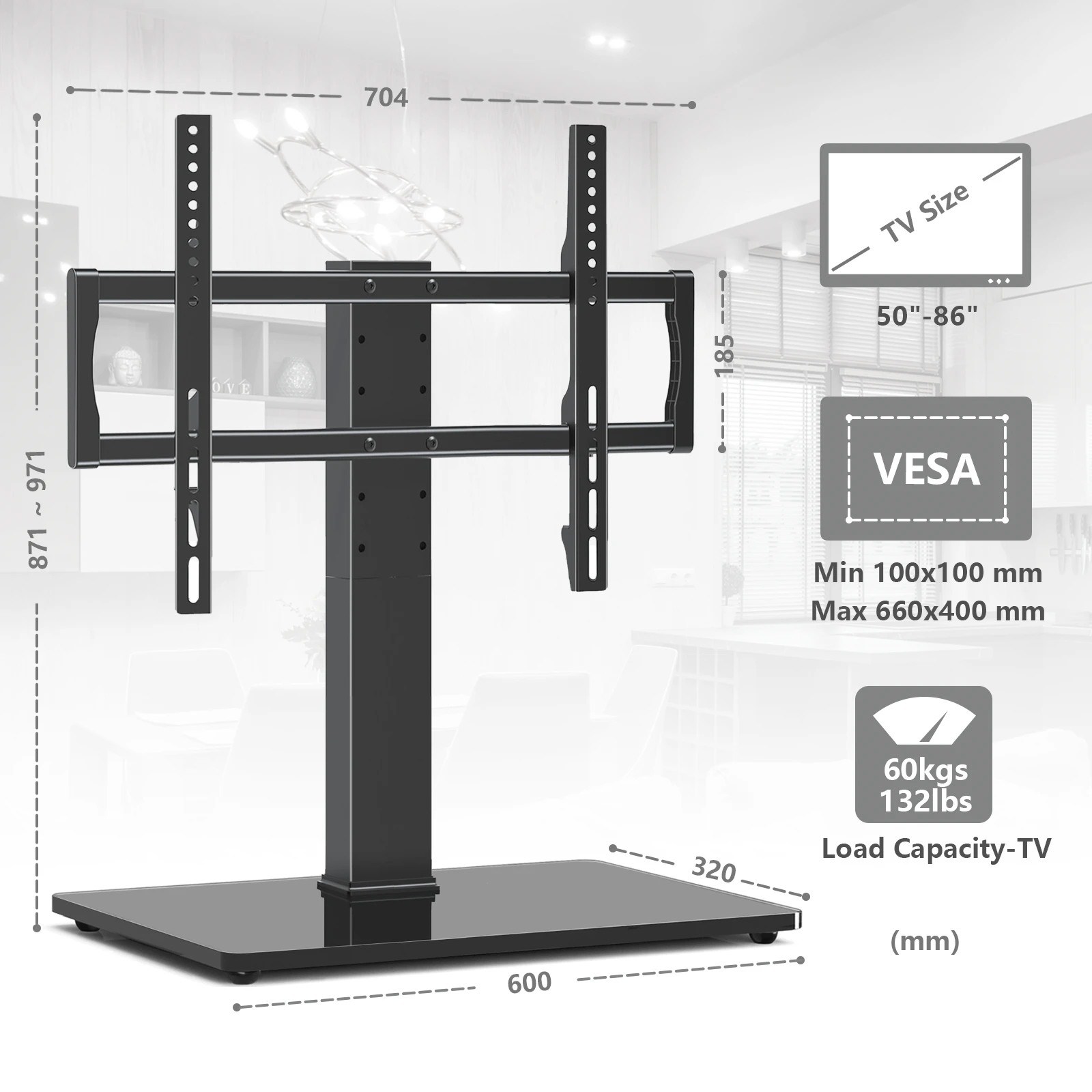Universal Black Tabletop TV Stand With Tempered Glass Base for 50-86 ...