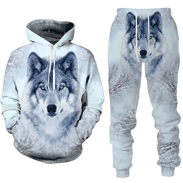 Men's Hood 2 Piece Set - Personalized Wolf Print Tracksuit