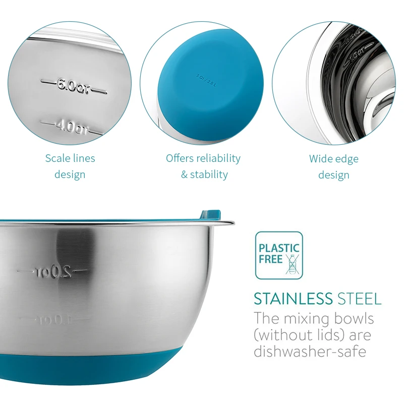 Custom Logo Stainless Steel Mixing Bowl Set With Lid And Non Silp ...