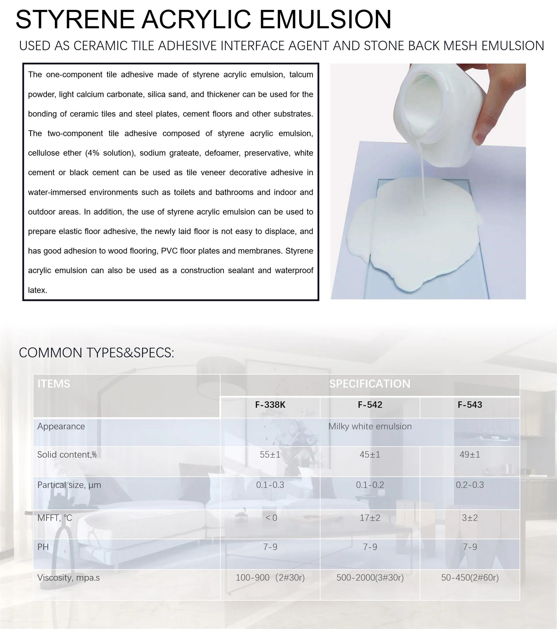 styrene acrylic emulsion/SA latex/for the preparation of tile adhesive, elastic floor adhesive ...