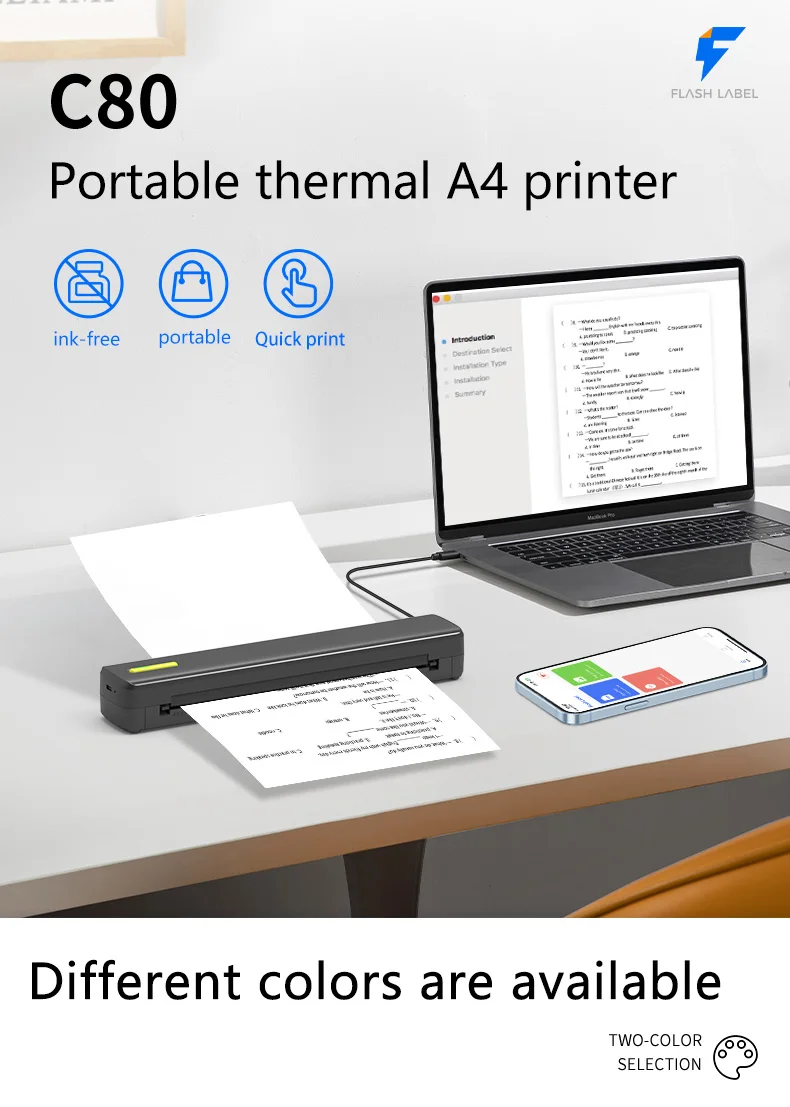 C80 A4 Portable Printers Wireless 200/300DPI Mini Inkless Printer ...
