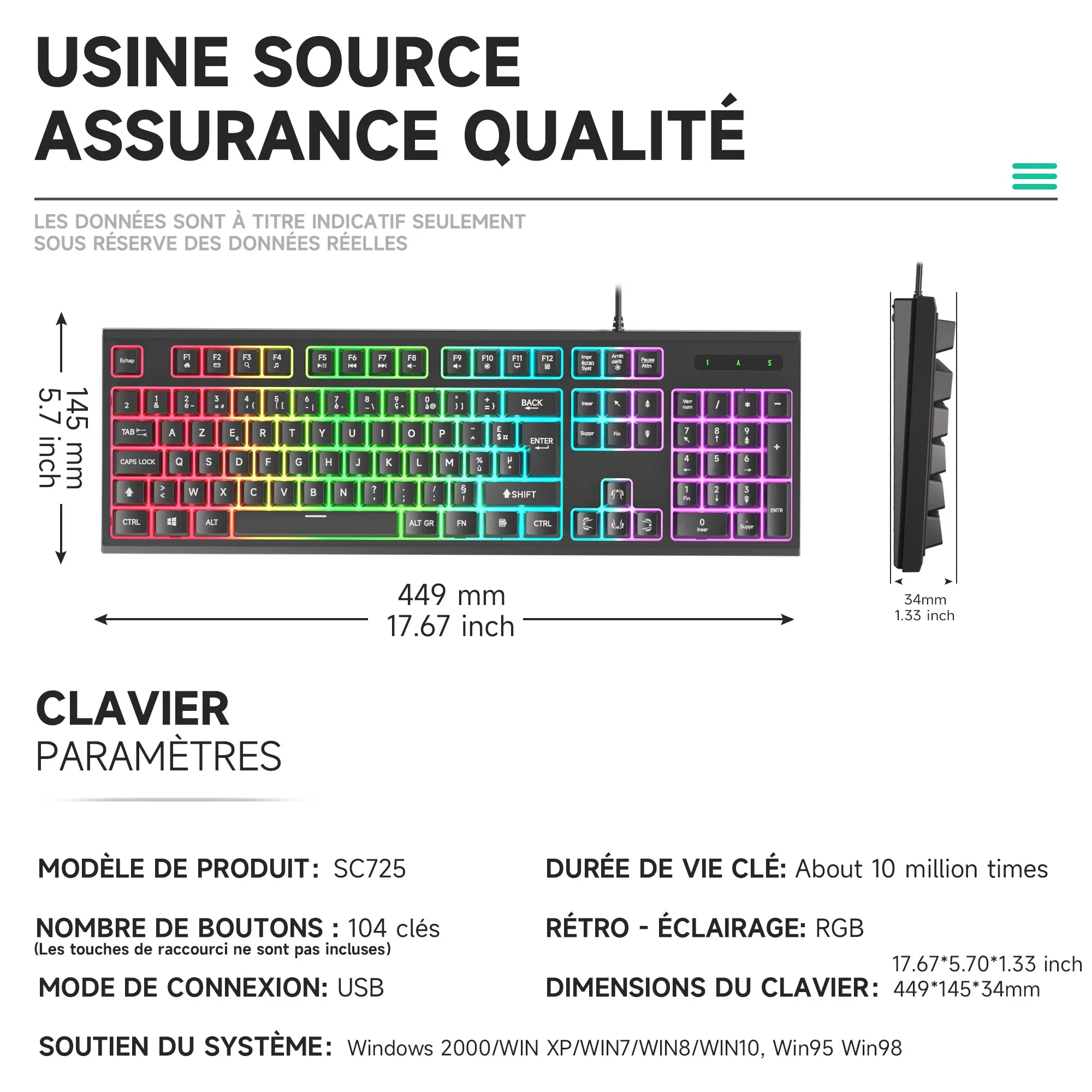 Custom Logo AZERTY French Layout RGB Keyboard Ergonomic Led Backlit Usb ...