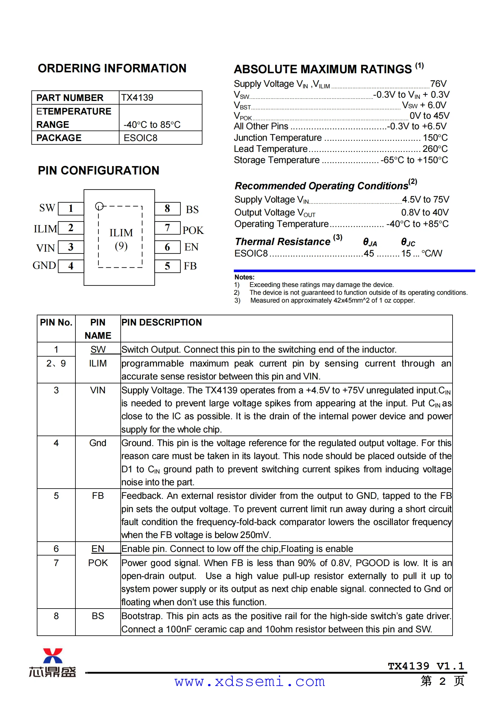 Tx4139 Esop8 Vin 4.5v-75v Vout 0.8-40v 2a Dcdc Buck Power Ic - Buy Tx4139 Esop8 Vin 4.5v-75v ...