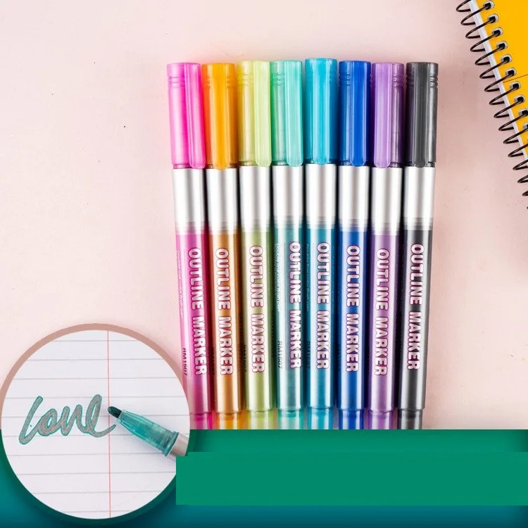 8 Colors Fluorescent Double Lines Outline Highlighter Marker Pen Round ...