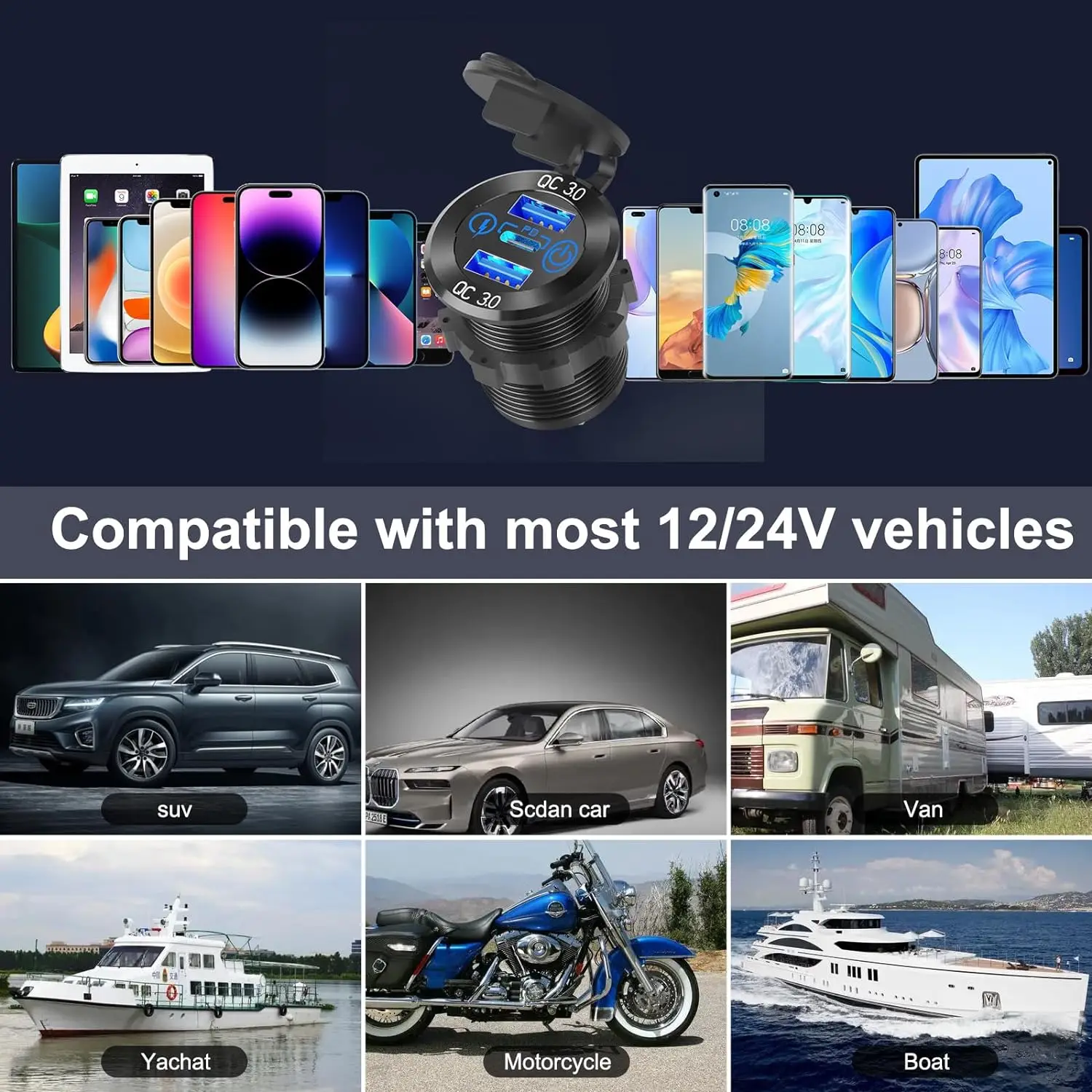 12v/24v Tecnologia Triple Usb Outlet Metal 60w Usb-c Multiple Car ...