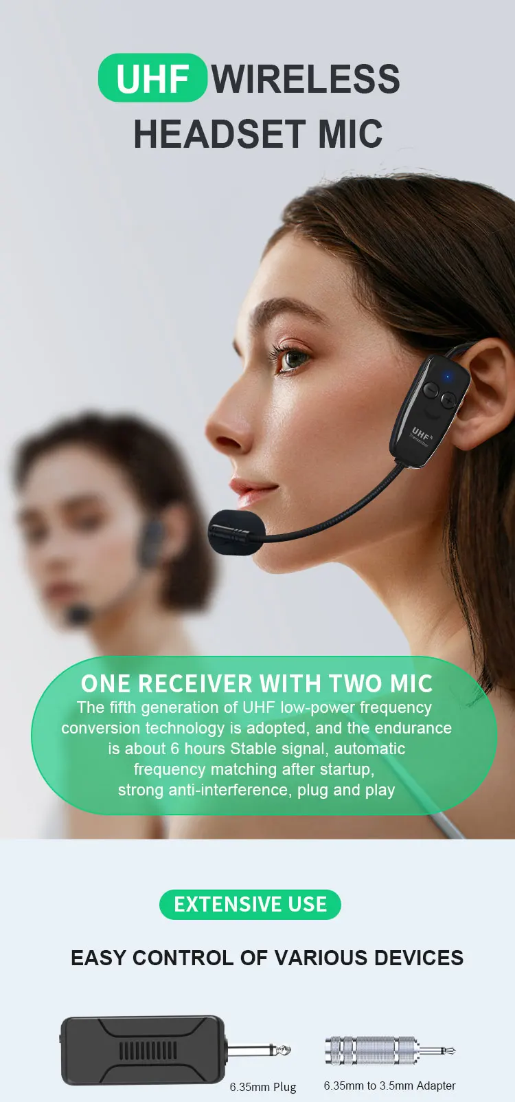 Dual Headset Mic For Tour Guide Teacher Training Uhf Detachable Head ...