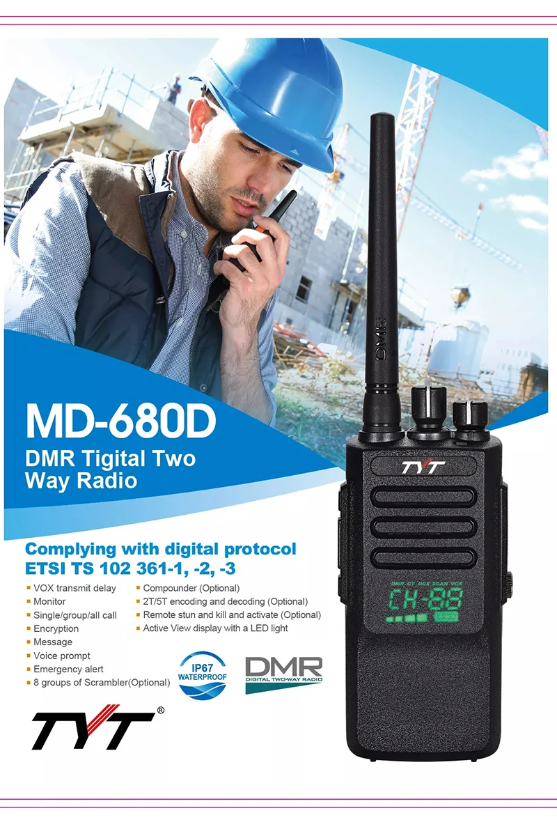 Tyt Dmr Md-680d Walkie Talkie 10watt Two Way Radio Ip67 Waterproof ...