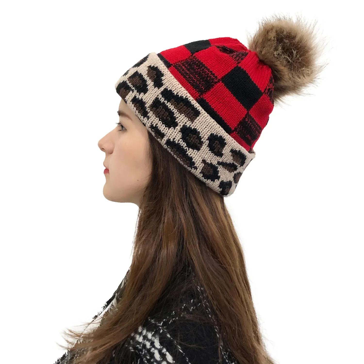 Pompom Custom Newest Knitted Leopard Print Fur Ball Pom Pom Winter Knit ...