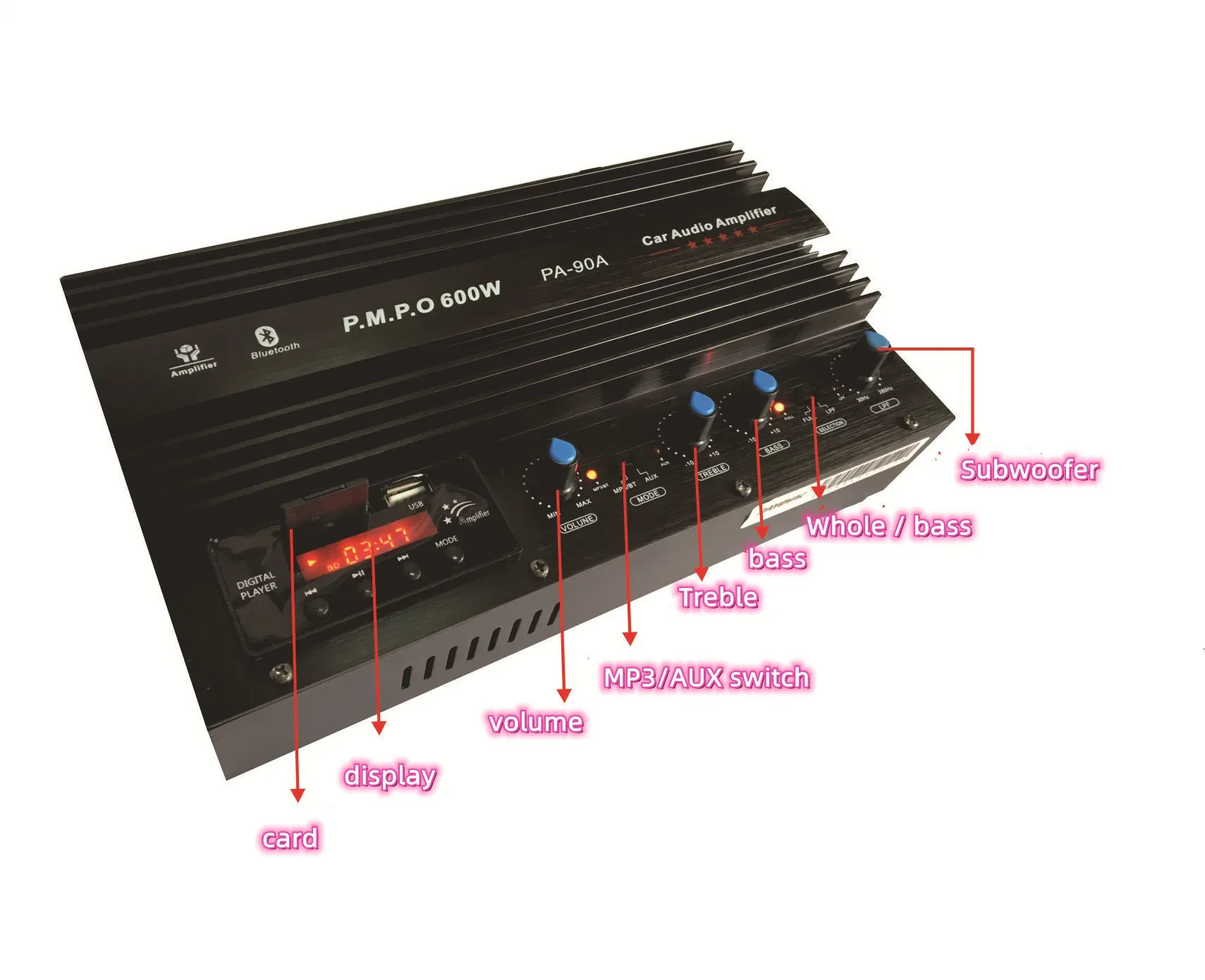 12V 600W PA-90A Power Tube 2.0 Channel Blue Tooth Car Audio Amplifier