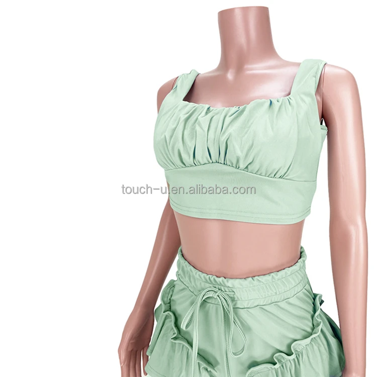 2021 Ruffle Crop Top 2 Piece Short Set Clothing Women Summer - Buy ...