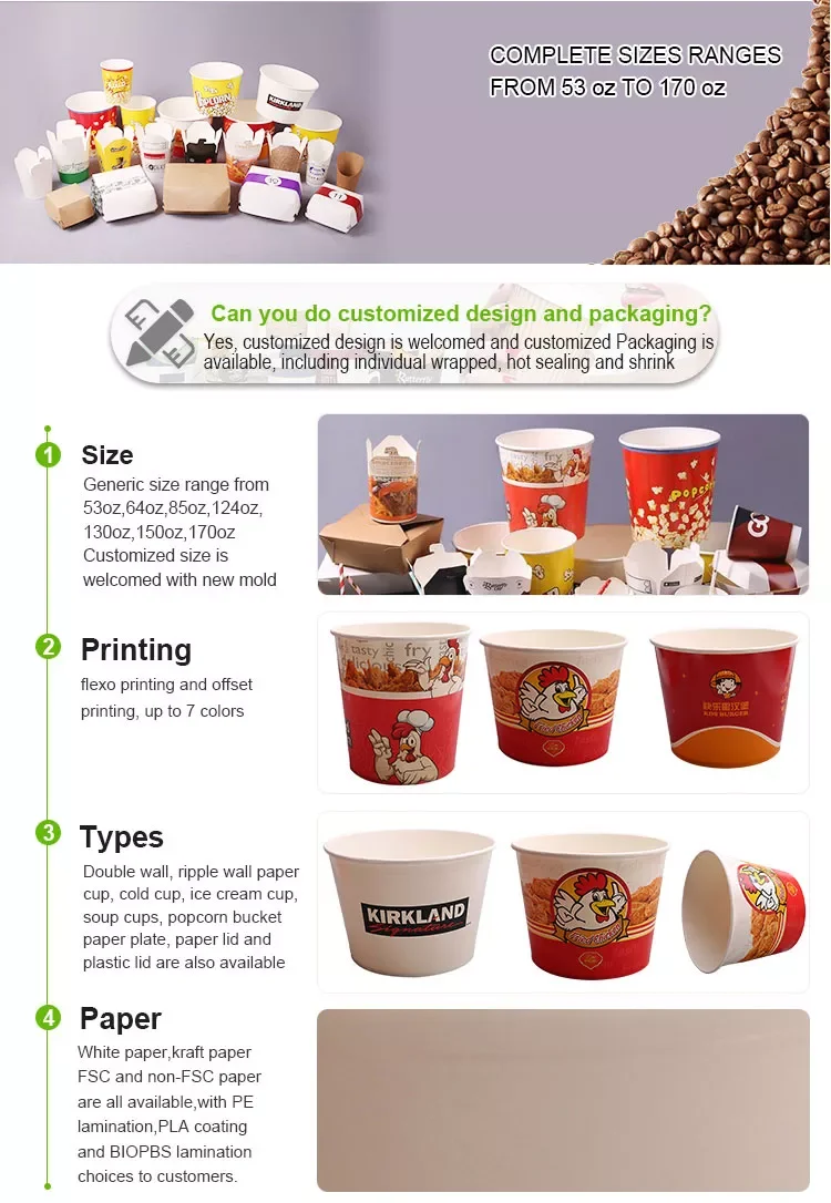 Custom Paper Food Buckets, Paper Fried Chicken Buckets With Lid, 32oz ...